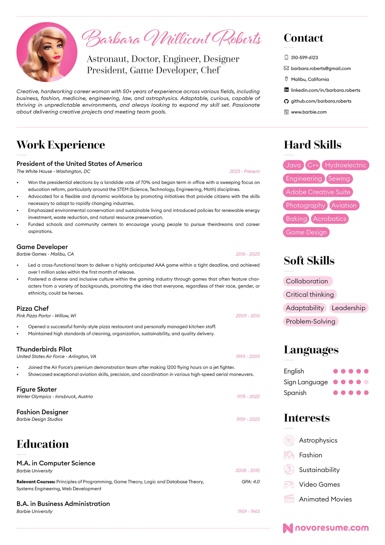 Barbie’s One-Page Resume (by Novorésumé) | Novoresume