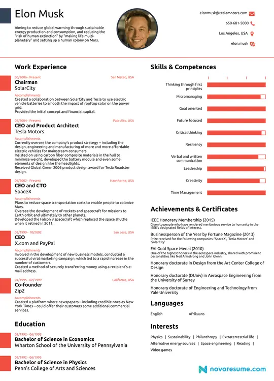 The Original Resume of Elon Musk 2025 - By Novorésumé | Novoresume