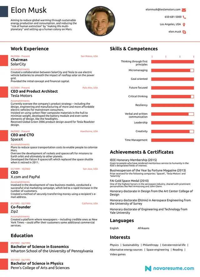 The Original Resume of Elon Musk 2025 - By Novorésumé | Novoresume