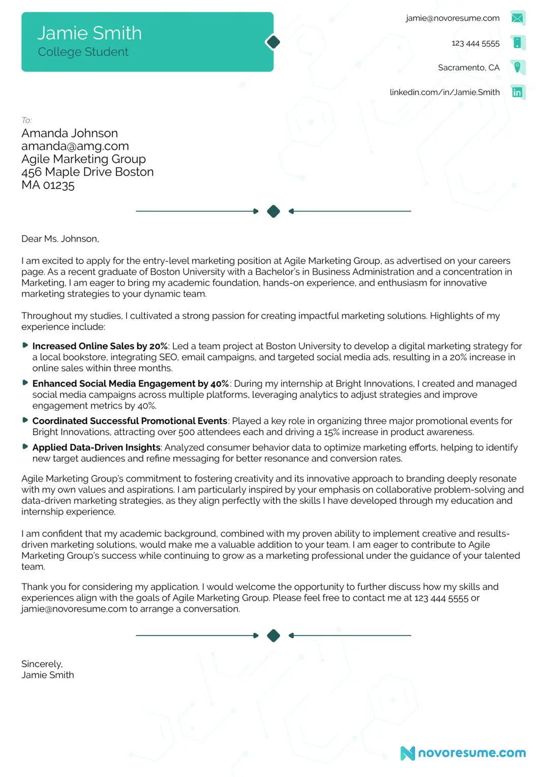 Write An Entry-Level Cover Letter (Examples, Tips & Template) | Novoresume