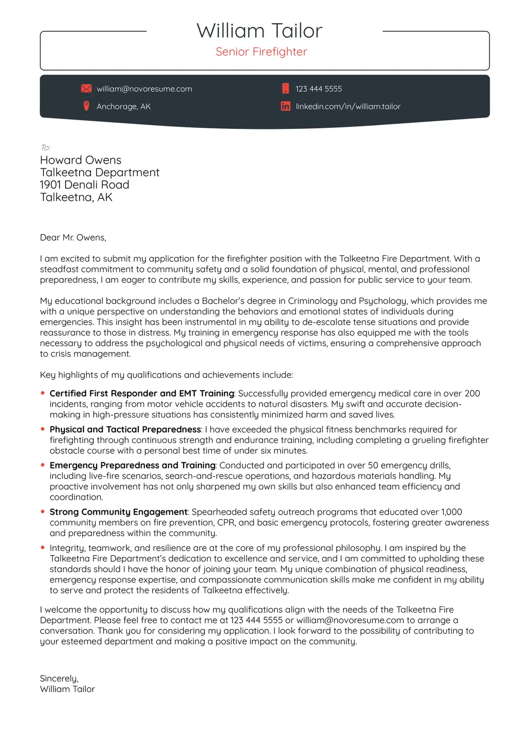 Firefighter Cover Letter Example (W/ Samples & Guide for 2025) | Novoresume