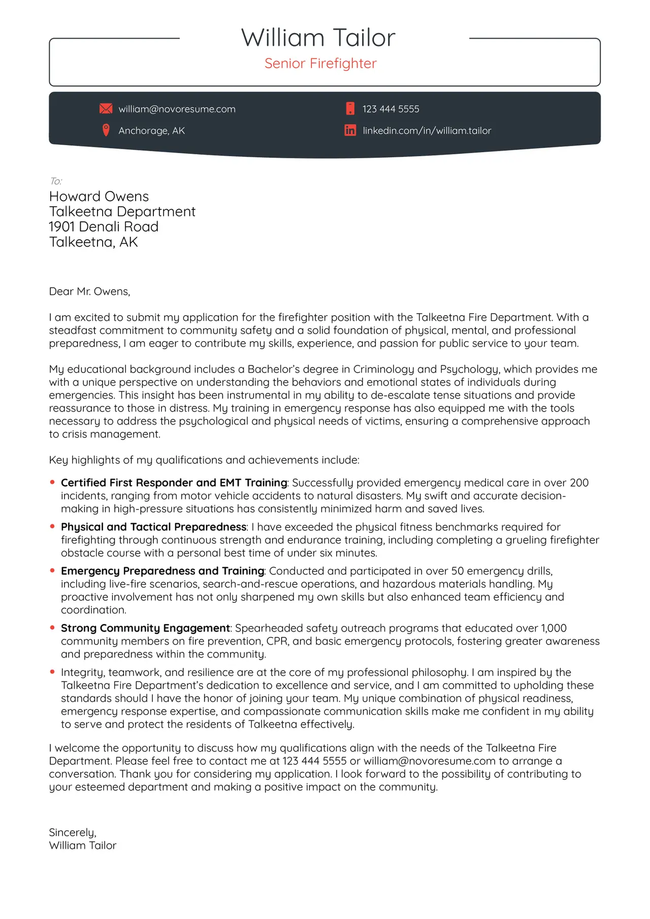 Firefighter Cover Letter Example (W/ Samples & Guide for 2025) | Novoresume