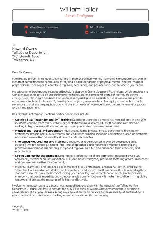Firefighter Cover Letter Example (W/ Samples & Guide)