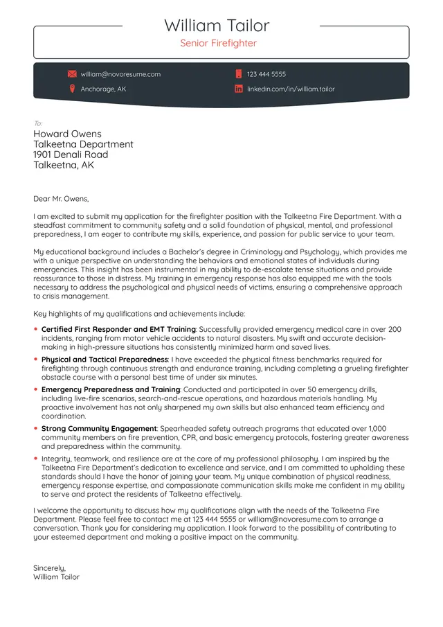Firefighter Cover Letter Example (W/ Samples & Guide)