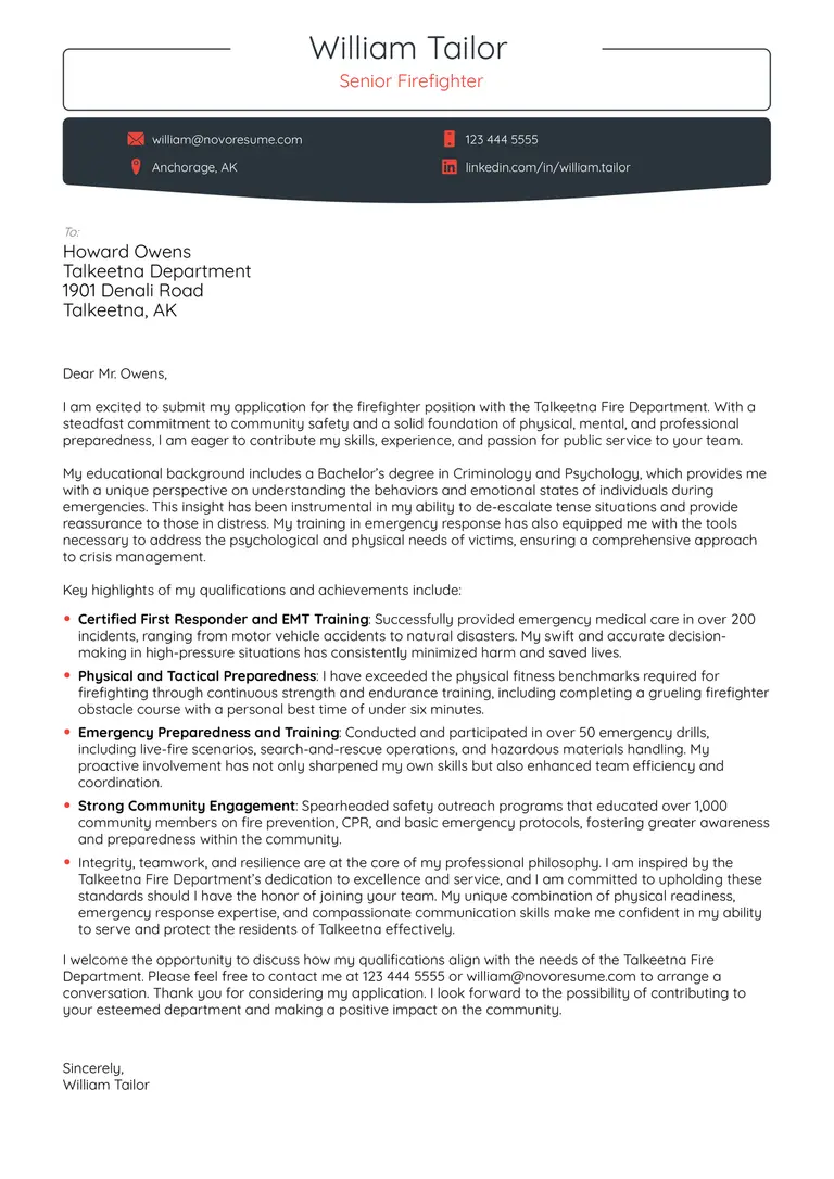 Firefighter Cover Letter Example (W/ Samples & Guide for 2025) | Novoresume