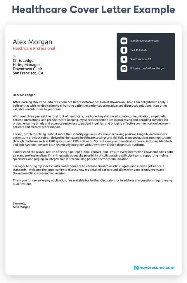 Healthcare Cover Letter Example (w/ Templates & Tips for 2025) | Novoresume