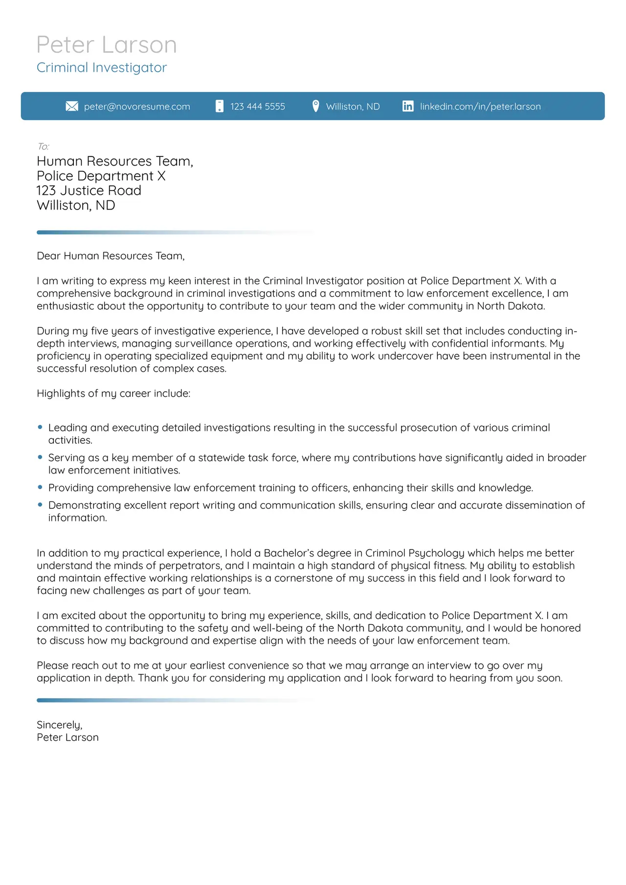 Law Enforcement Cover Letter Example [& Guide for 2025] | Novoresume