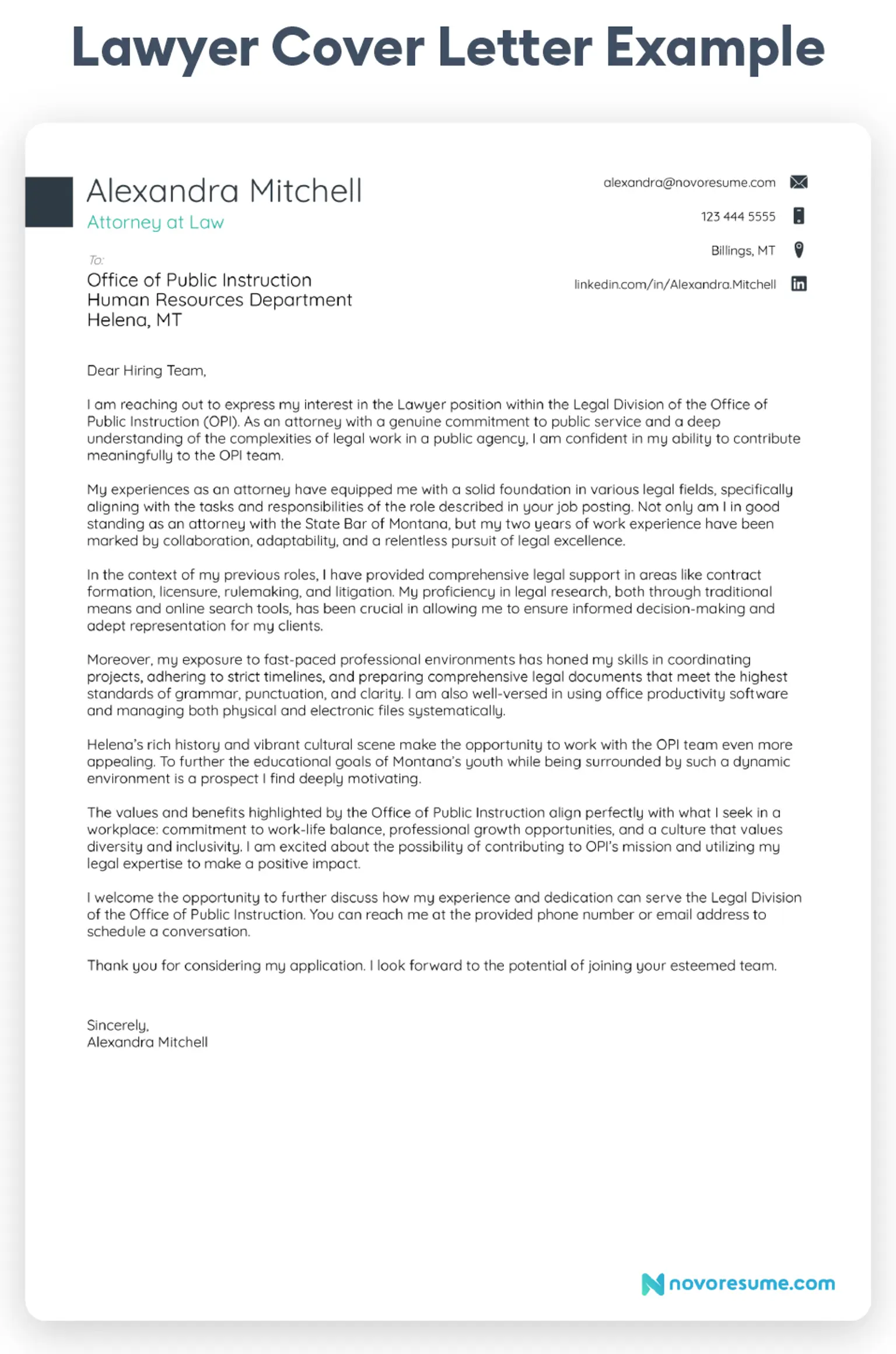 Lawyer Cover Letter Example (w/ Templates & Tips for 2025) | Novoresume