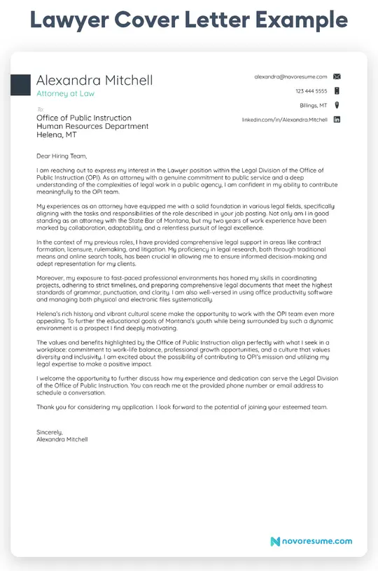 Lawyer Cover Letter Example (w/ Templates & Tips for 2025) | Novoresume