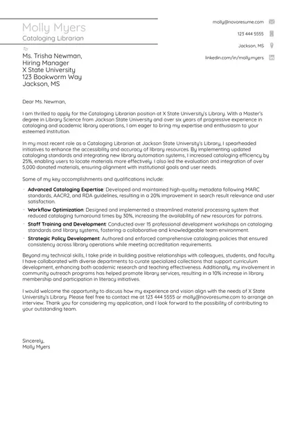 Librarian Cover Letter Example (W/ Samples & Guide) for 2025 | Novoresume