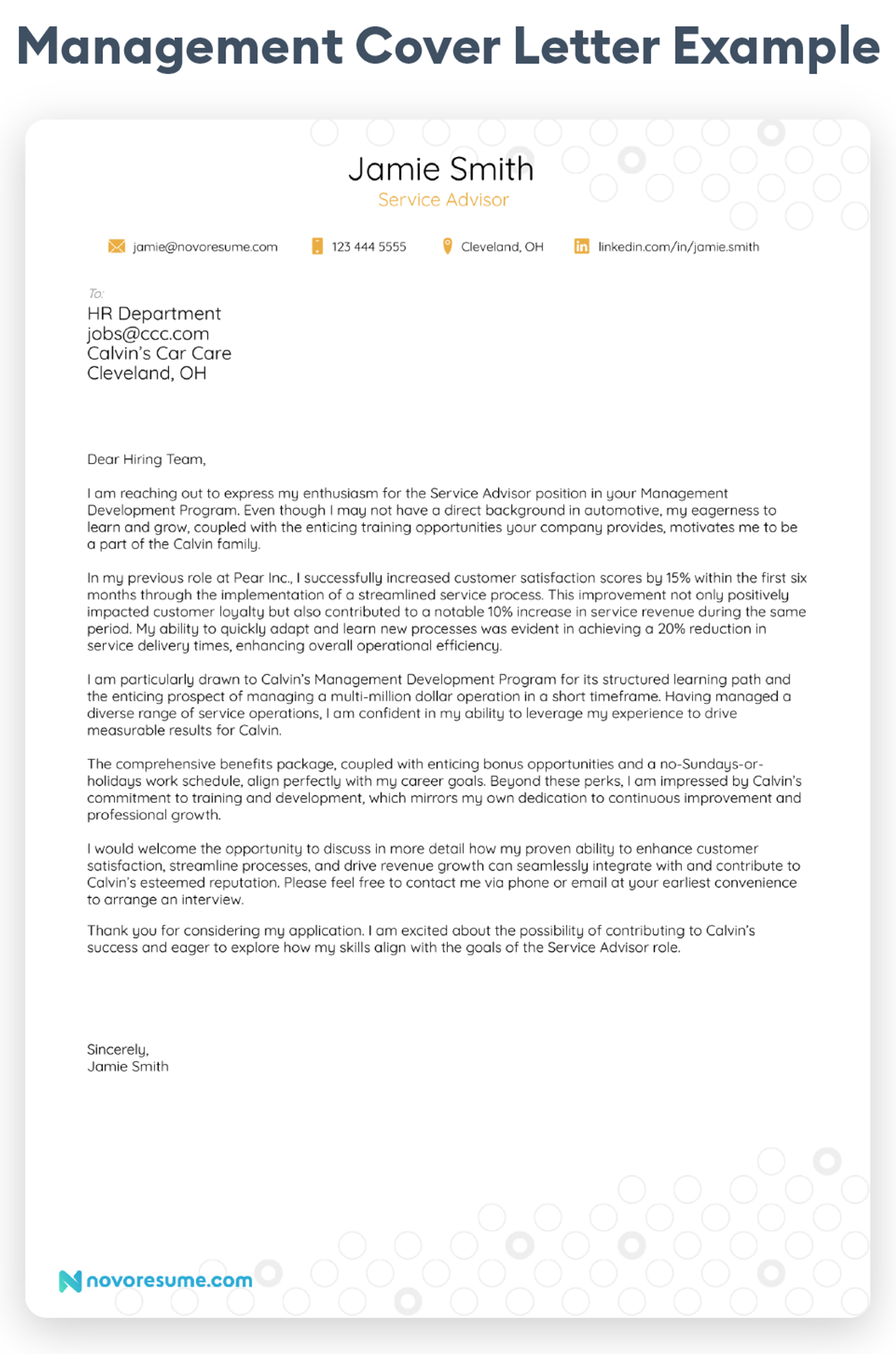 Management Cover Letter Example (With Full Guide for 2025) | Novoresume