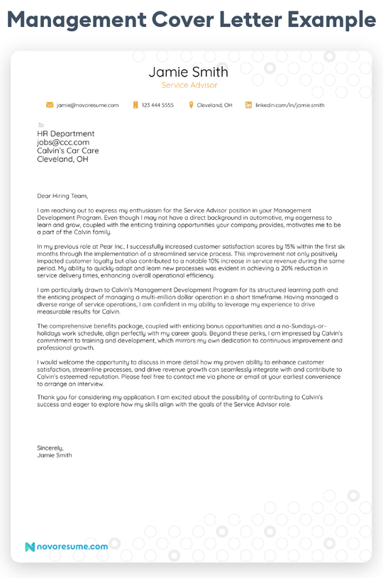 Management Cover Letter Example (With Full Guide for 2025) | Novoresume