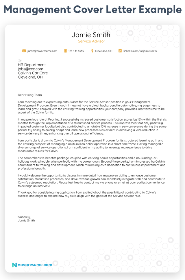 Management Cover Letter Example (With Full Guide for 2025) | Novoresume