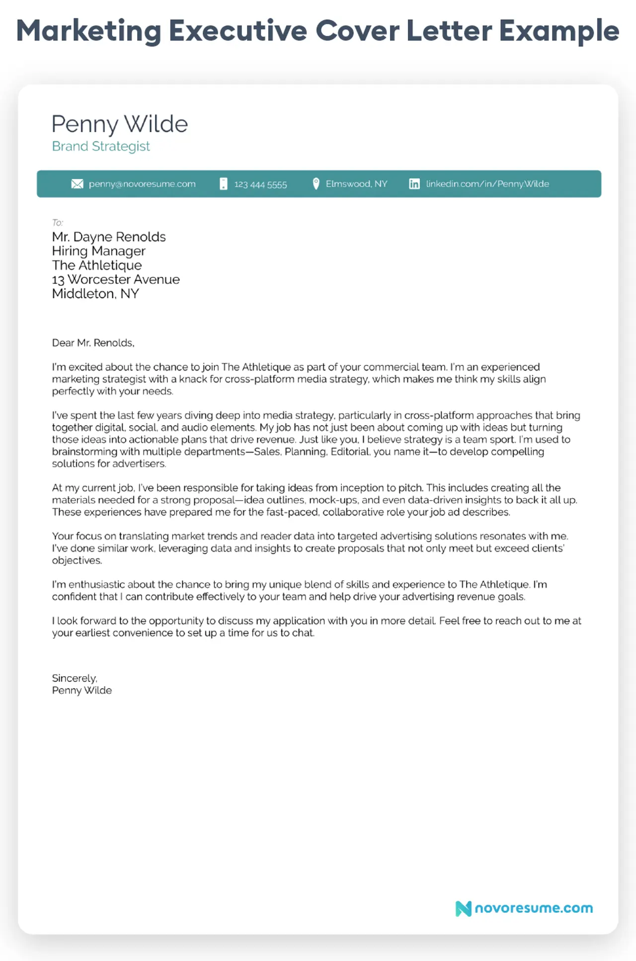 Marketing Executive Cover Letter Example [w/ Samples for 2025] | Novoresume