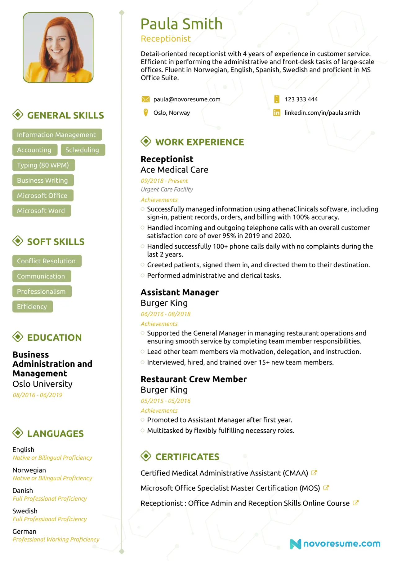 Receptionist Resume Sample for 2026 [Job Description, Skills & Tips]