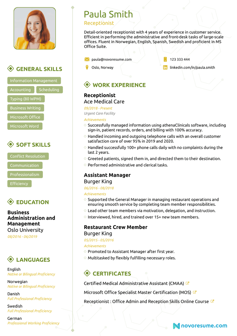 Receptionist Resume Sample for 2025 [Job Description, Skills & Tips ...
