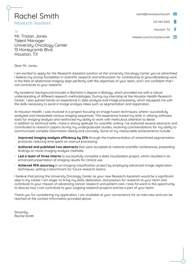 Research Assistant Cover Letter Example (w/ Guide for 2025) | Novoresume